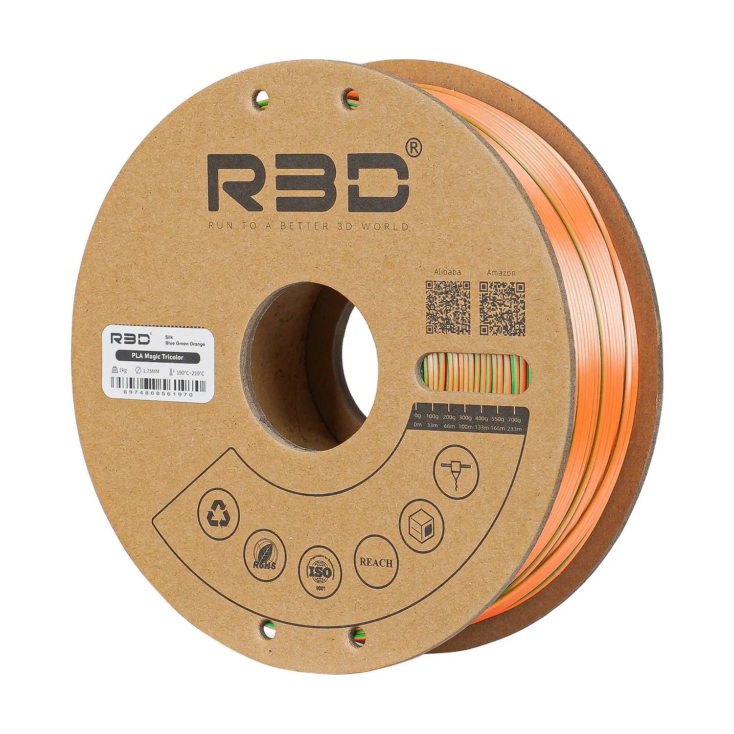 Blue/Green/Orange - R3D Tri Colour Silk Magic PLA Filament - 1.75mm,