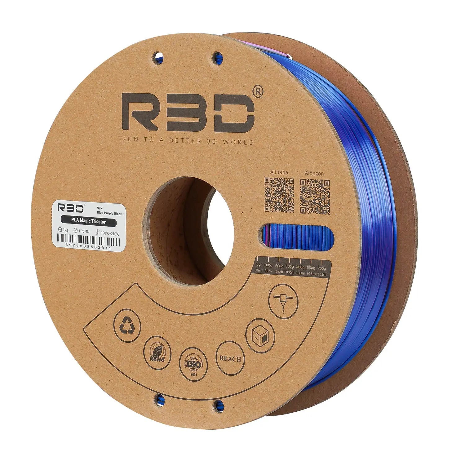 Blue/Purple/Black - R3D Tri Colour Magic Silk PLA Filament - 1.75mm,