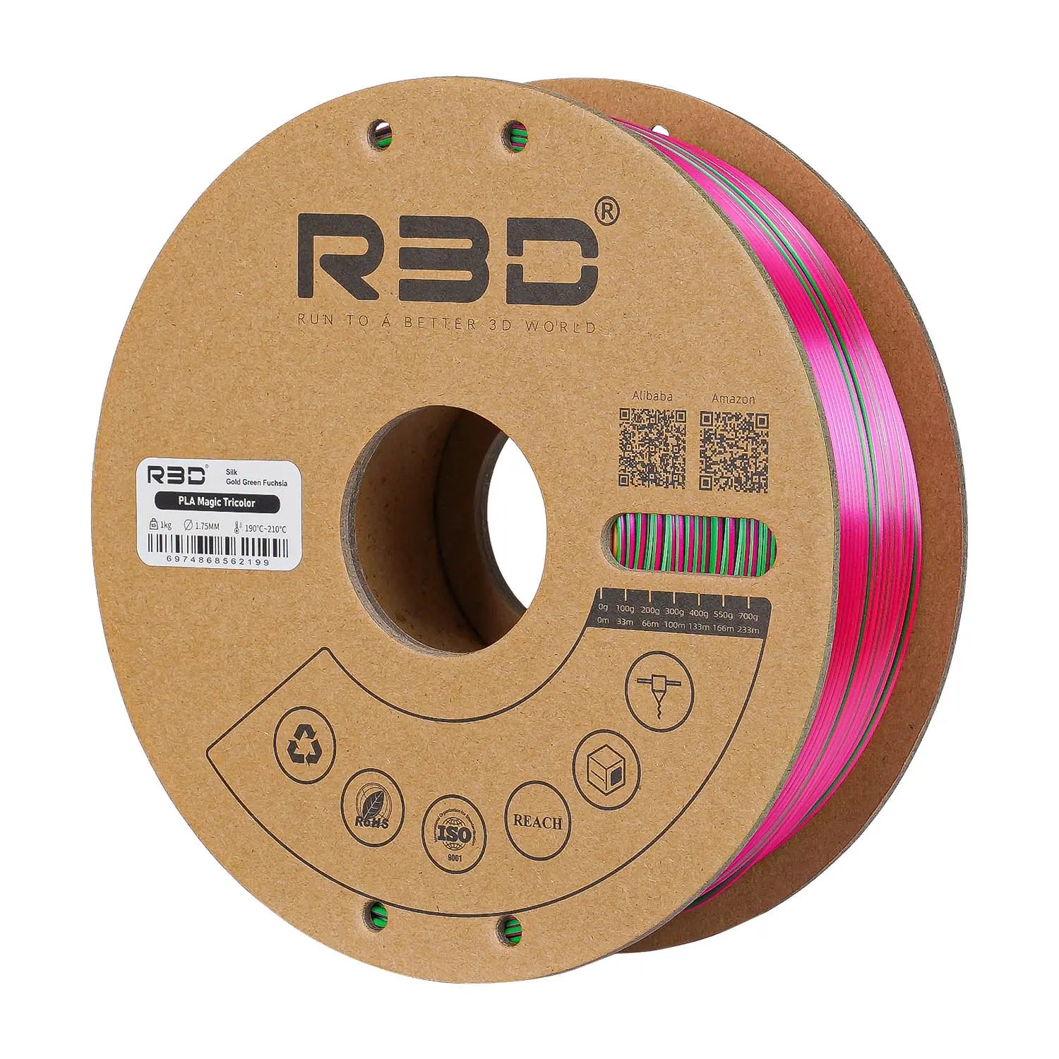 Gold/Green/Fuchsia - R3D Tri Colour Magic Silk PLA Filament - 1.75mm,