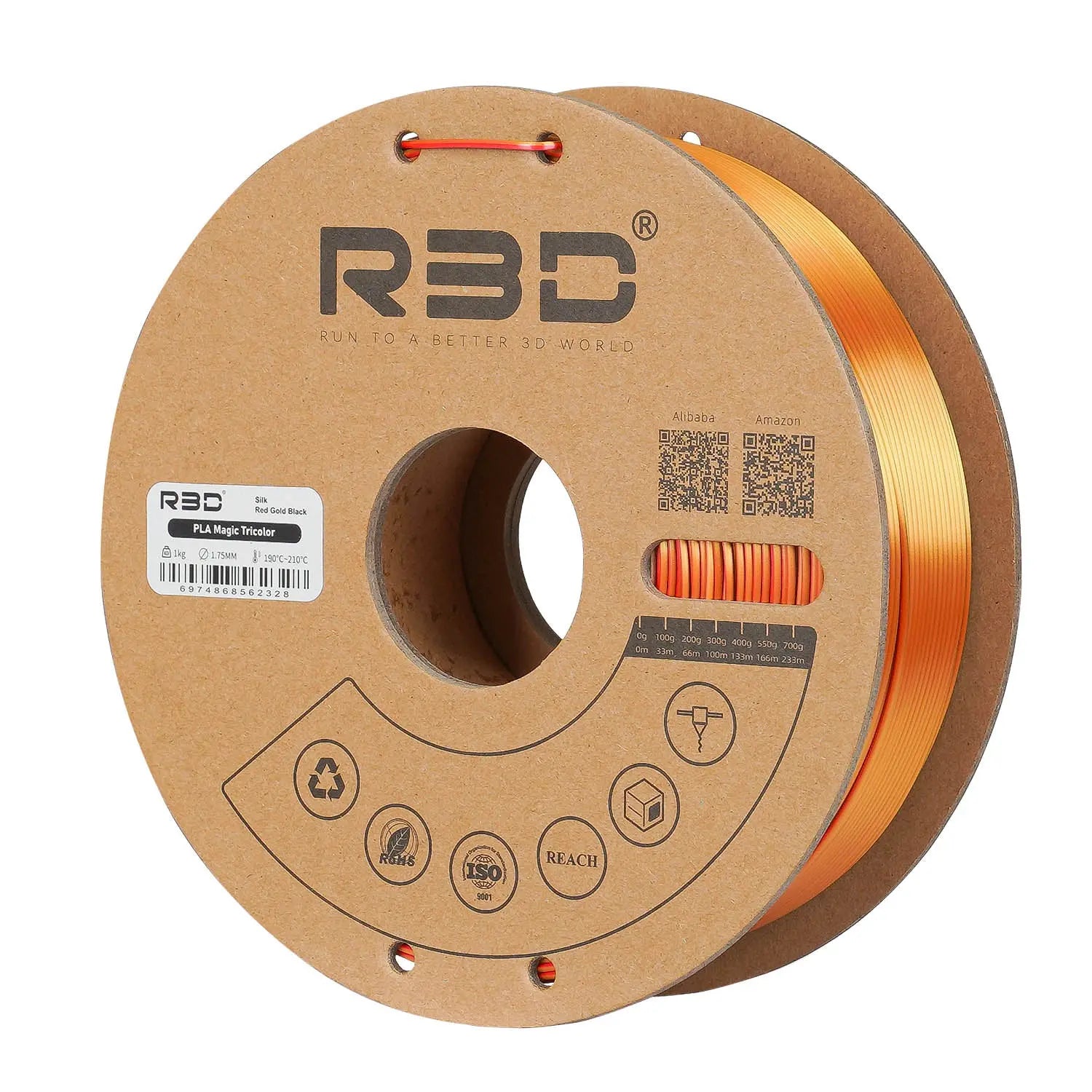 Red/Gold/Black R3D Tri Colour Magic Silk PLA Filament 1.75mm, 1kg